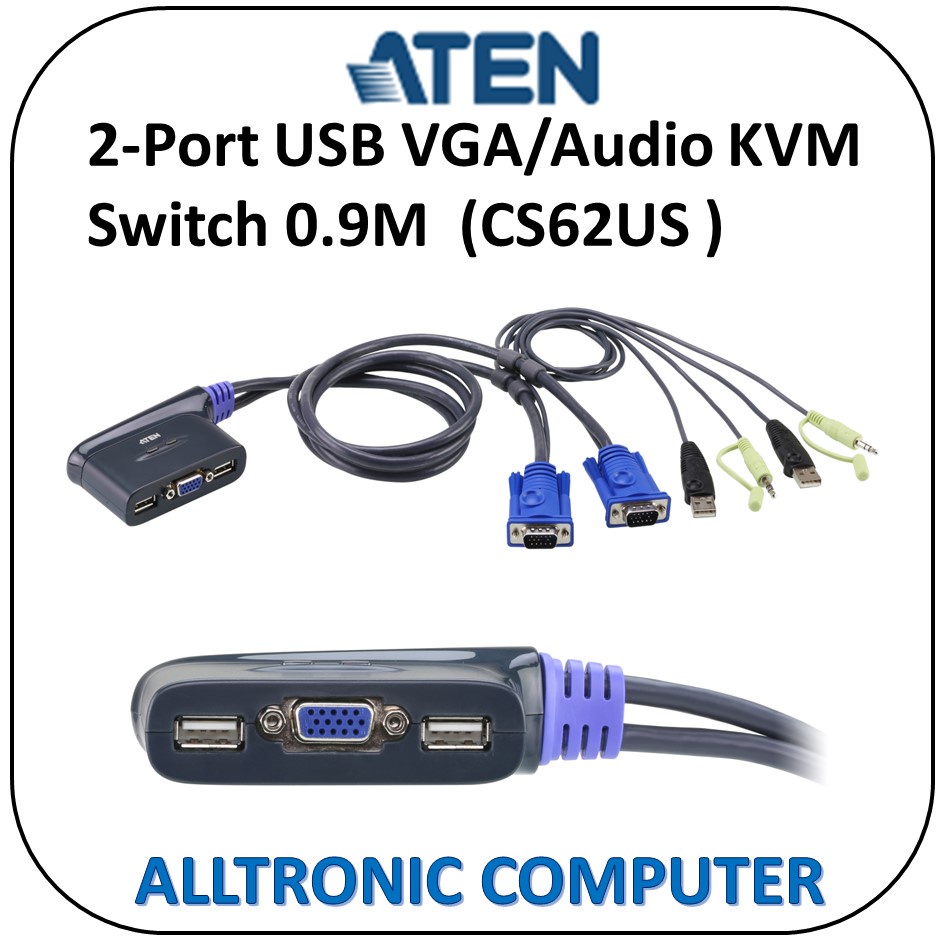 Aten Cs62us 2 Port Usb Vga Audio Cable Kvm Switch 0 9m 1yr