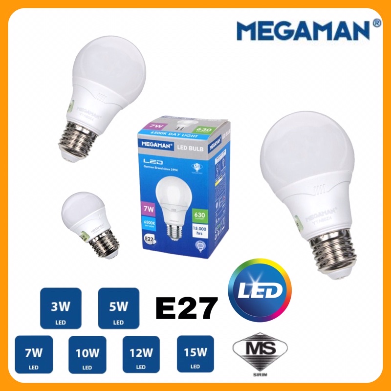 MEGAMAN 3W/5W/7W/10W/12W/15W E27 CLASSIC A60,A65,A70 LED BULB | Shopee Singapore
