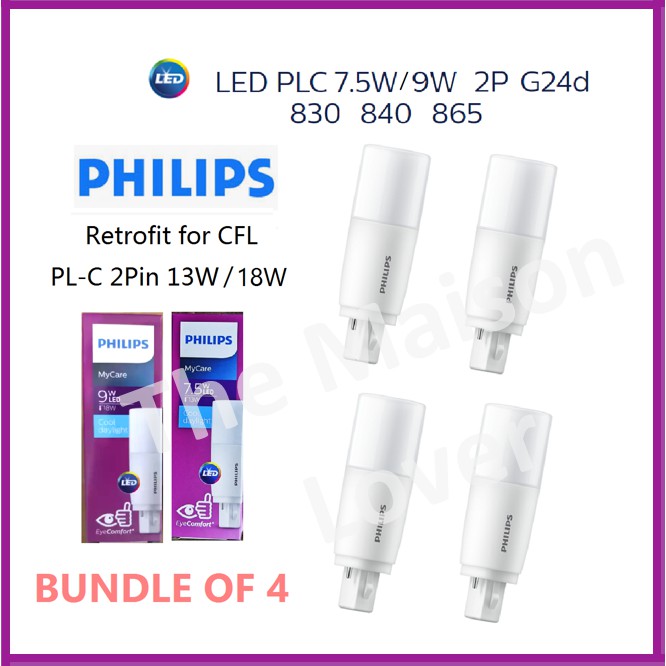 [Bundle of 4] Philips LED PL-C PLC 2P 2Pin G24D 7.5W 9W MyCare Retrofit ...