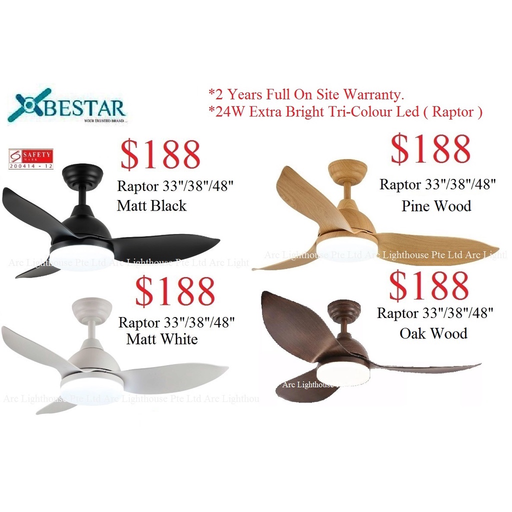 BESTAR Ceiling Fan/BESTAR Fan /Raptor 33/38/48" - Razor 46/54” + 24W ...