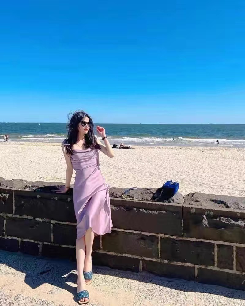 Timo Ready Stock * Sling Dress Purple Women Summer New Style Acetate ...