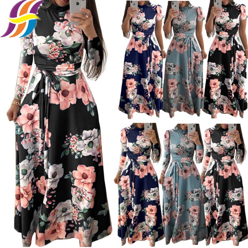 Raya Dress Women Muslimah Dress Long Sleeve Floral Print Boho Maxi ...