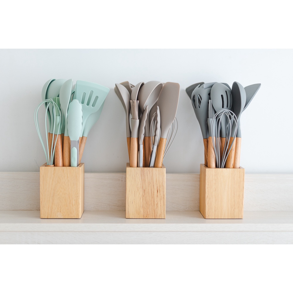 [Ready SG Stock] Silicone Kitchen Utensils with Wooden Container ...