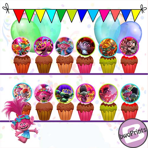 Trolls Cupcake Topper Birthday Theme Party Banner Baby Shower Wedding ...