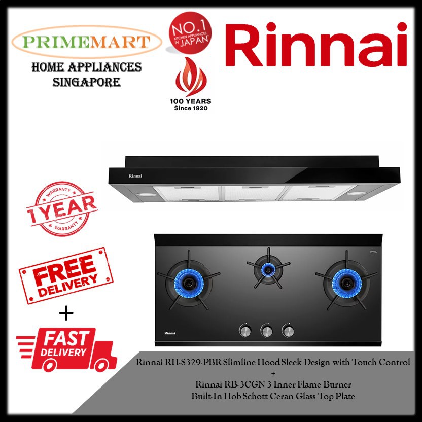 Rinnai RH-S329-PBR Slimline Hood + Rinnai RB-3CGN 3 Burner Built-in Hob *BUNDLE - FREE DELIVERY ...