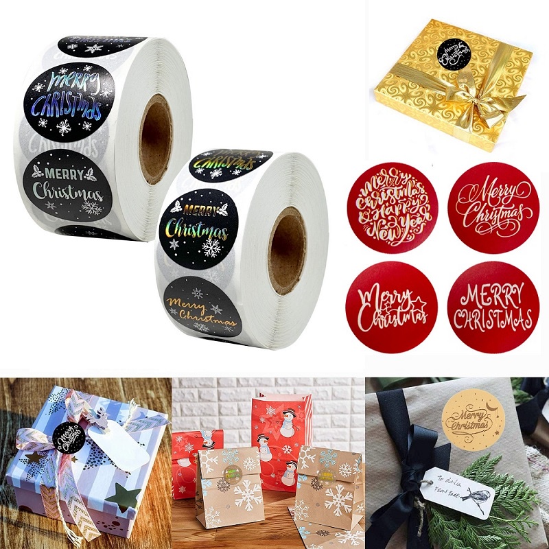 500 Pcs/Roll Merry Christmas Stickers Seal Labels Gold Silver kraft ...