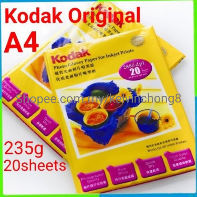 Kodak Inkjet Glossy Photo Paper A4 235gsm (20sheets/Pack) | Shopee ...