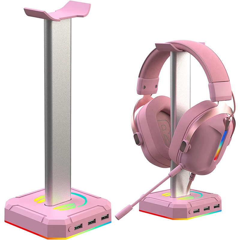 Pink Headphone Stand RGB Lights Gaming Headset holder with Three USB ...