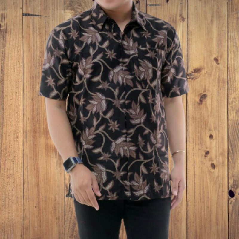 Original black leaf batik hem arta batik work uniform fashion men's ...