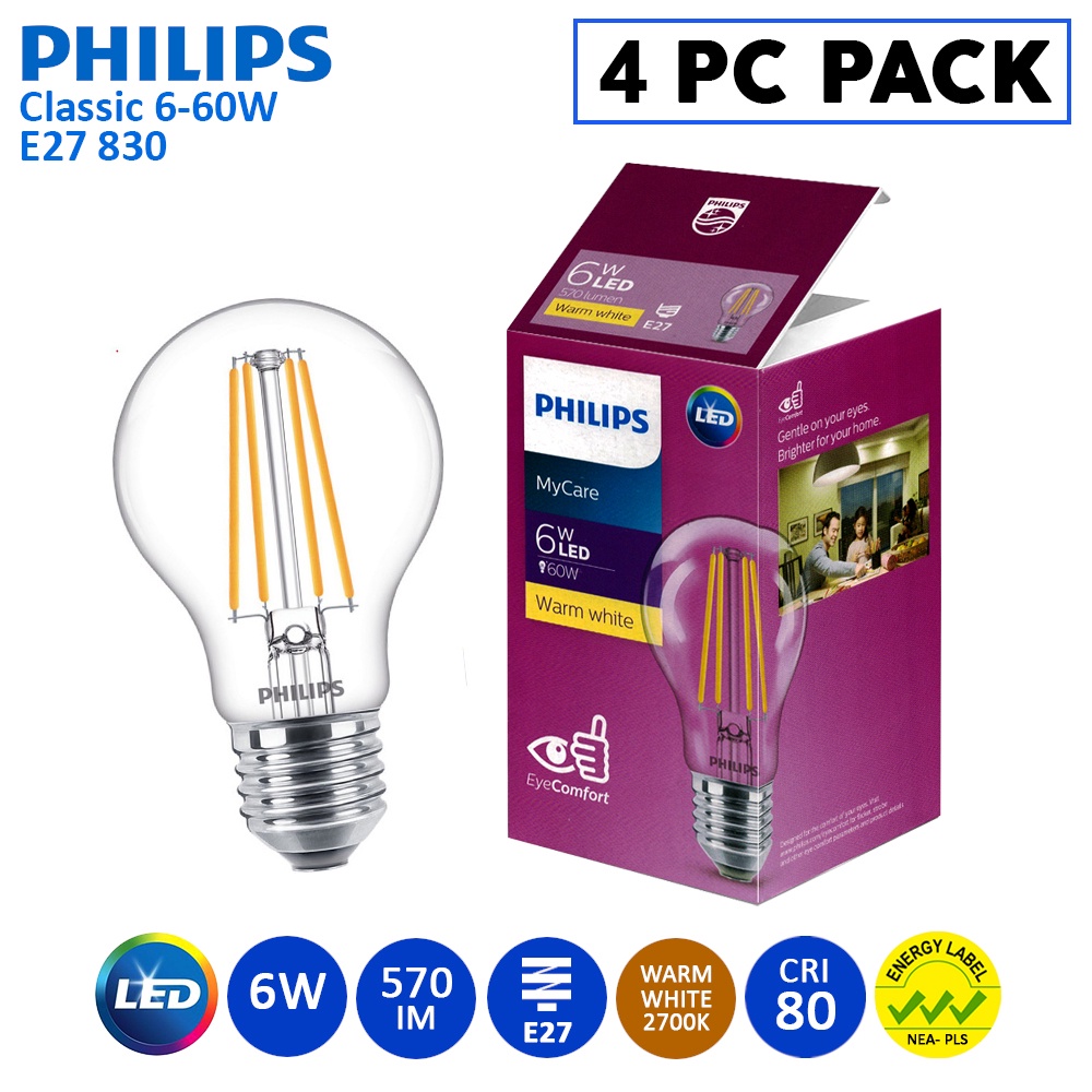 4 PC PACK | PHILIPS LED CLASSIC 6W=60W A60 E27 FILAMENT NON-DIM BULB | WARM WHITE | Shopee Singapore