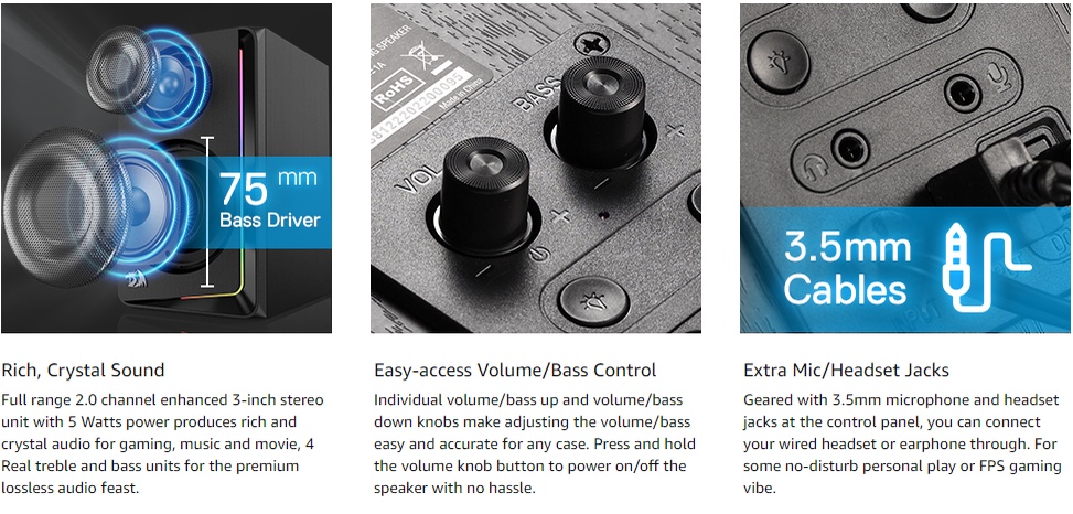 Redragon GS812 Wireless RGB Wooden Desktop Speakers, 2.0 Channel Bookshelf Speaker w/BT 5.0/3 ...