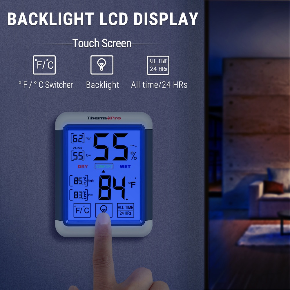 ThermoPro TP-55 Digital Hygrometer Large Touchscreen Indoor Temperature ...