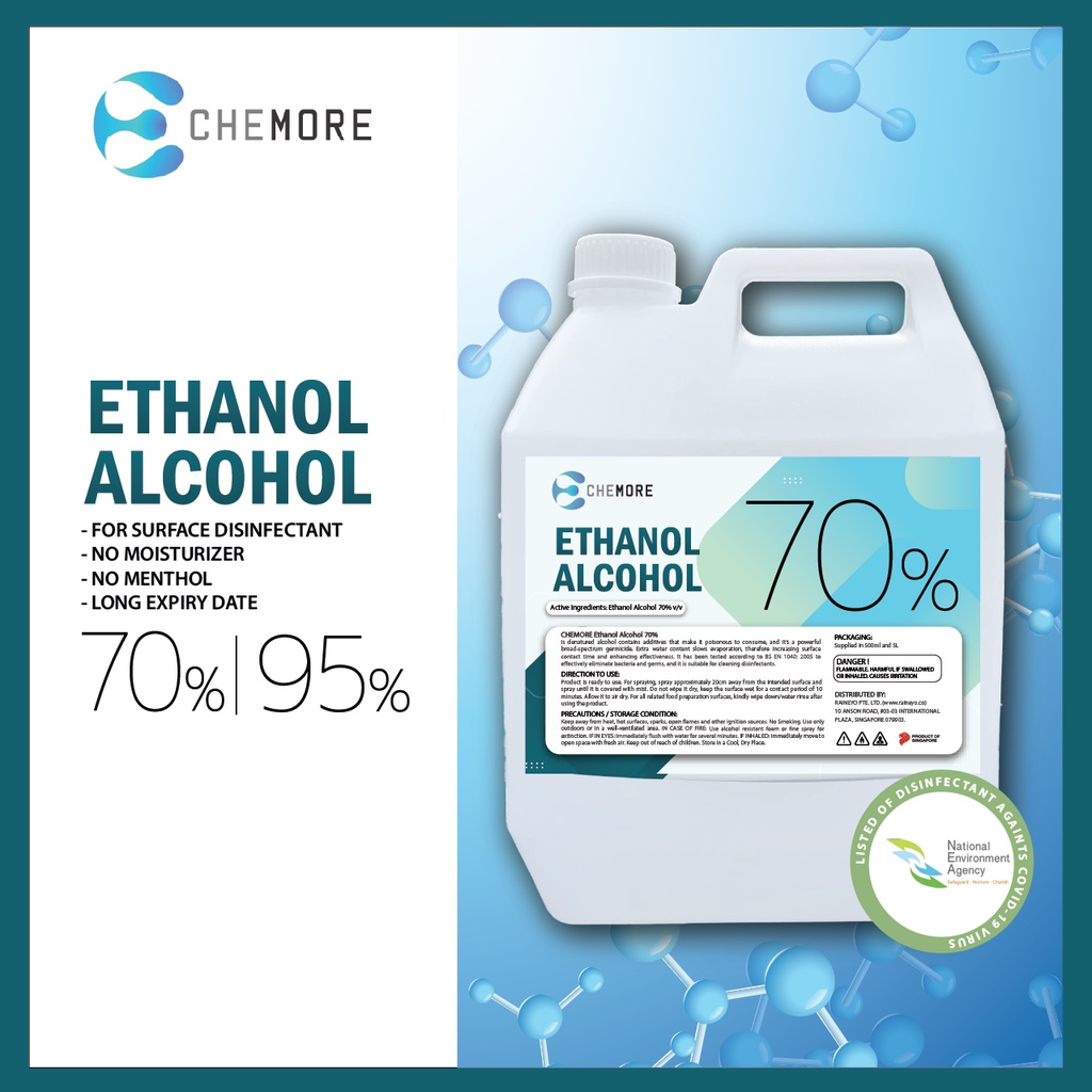 CHEMORE Ethanol Alcohol (Ethyl) 70% / 95% - No Methanol | Shopee Singapore