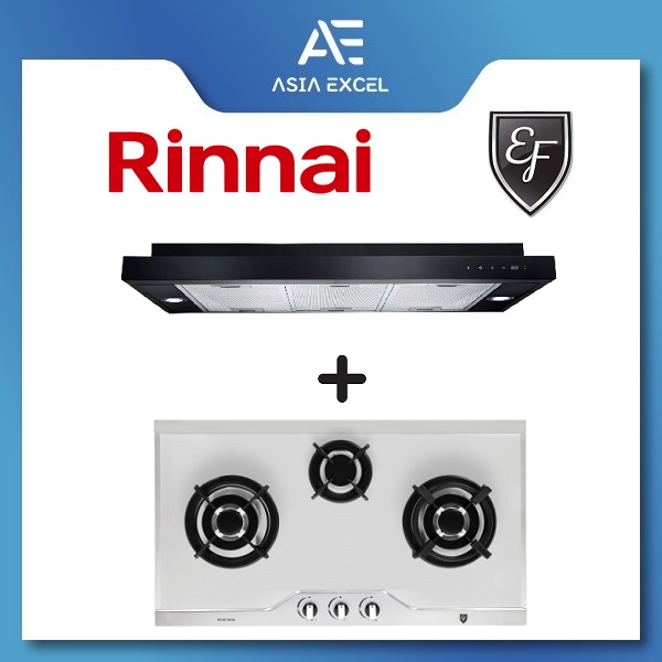 RINNAI RH-S329-PBR 90CM SLIMLINE HOOD + EF EFH 3971 TN VSB 3 BURNER STAINLESS STEEL GAS HOB ...