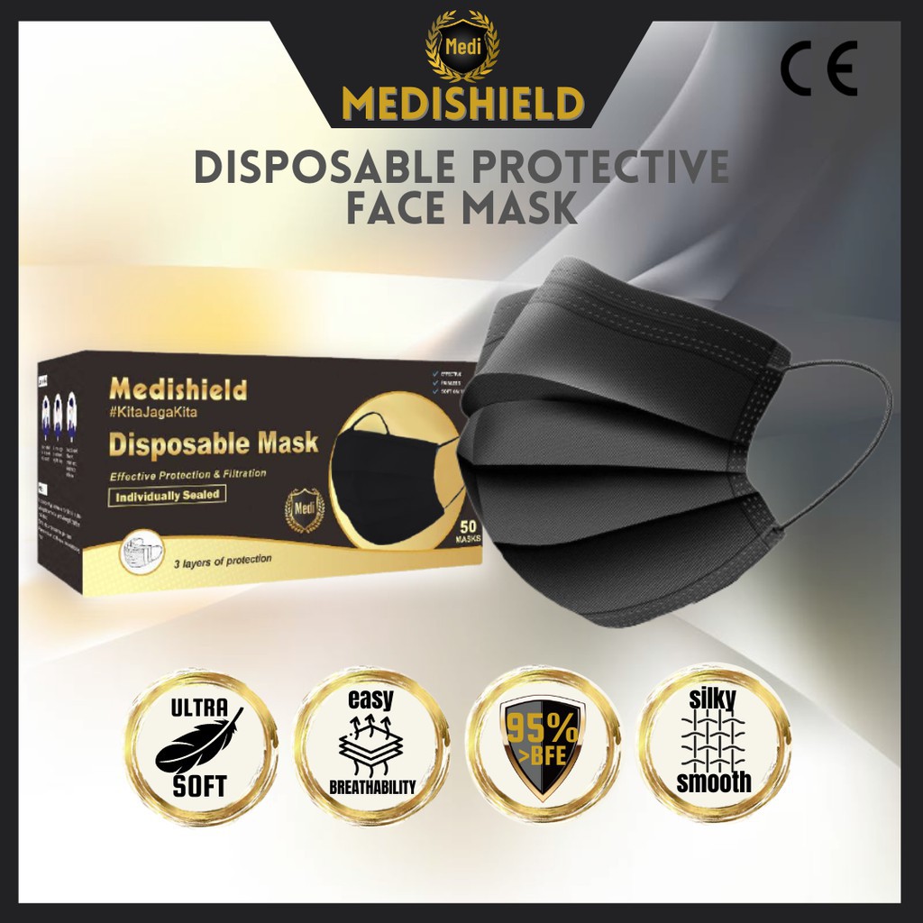 Medishield 50Pcs Black Mask 3Ply Non Medical Mask Anti Bacterial ...