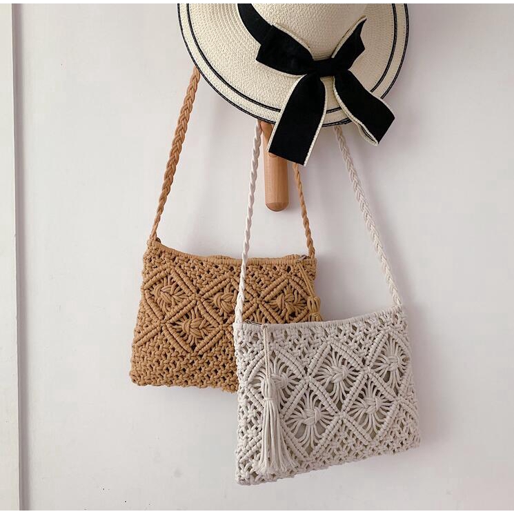 Hand-woven Cotton Rope Tassel Bag with One Shoulder Straw Bag Casual ...