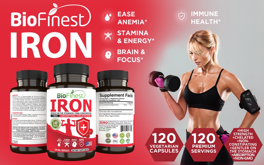 Biofinest Iron 15mg Supplement - Chelated Fast Absorption Gentler Non ...