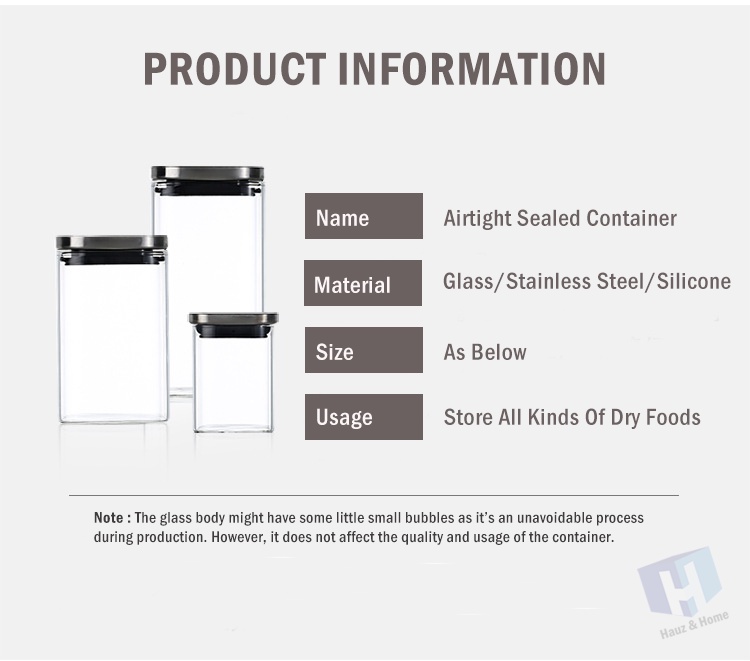 Glass Food Storage Airtight Container Jar Stainless Steel Lids 800ml/ 1200ml / 1600ml Square Set ...