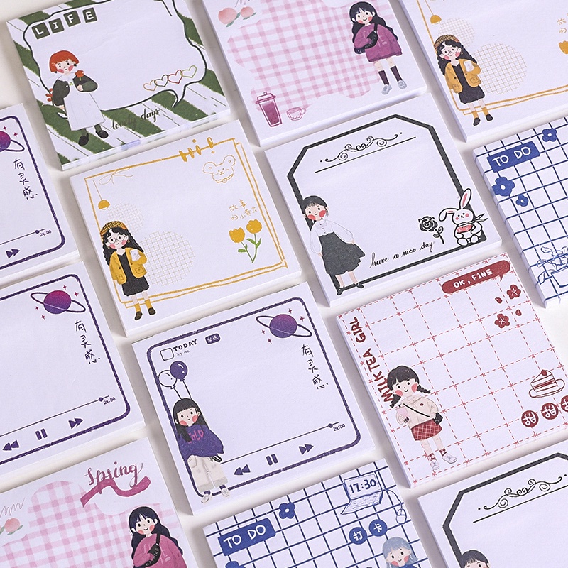 4 Books Cartoon JK Girl Series Sticky Notes Student Tearable Memo Paper ...
