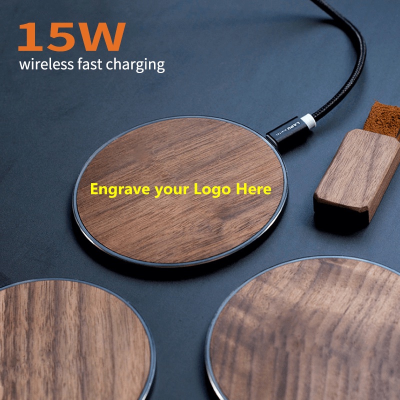 Free Customs Personalized Round Wooden Wireless Charger 15W Fast Charge ...