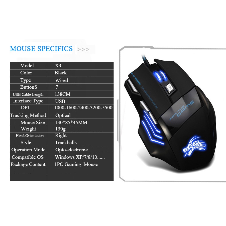 Professional 5500 DPI Gaming Mouse 7 Buttons LED Optical USB Wired Mice for Pro Gamer High ...