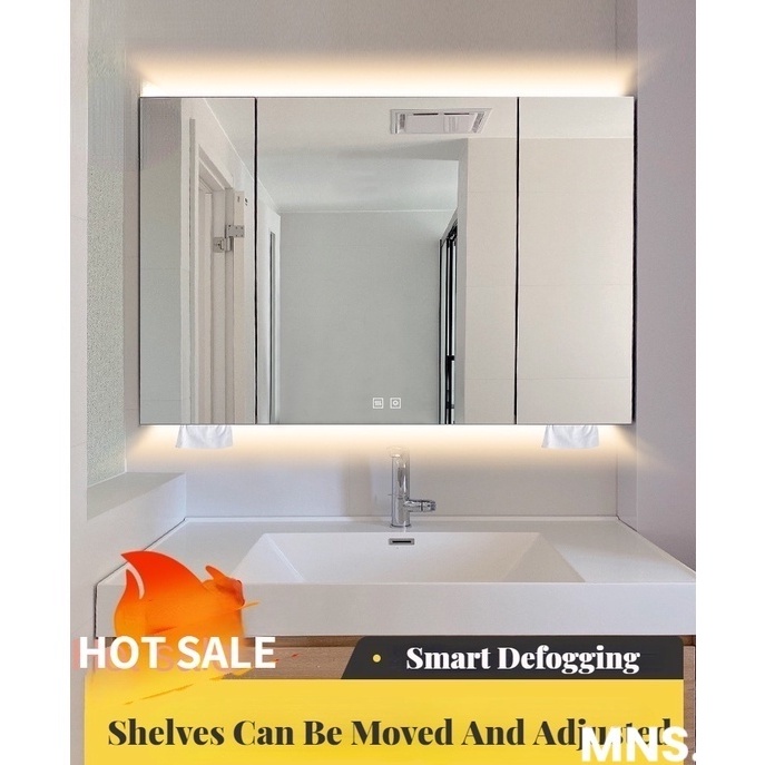 MNS 90cm High Stainless Steel LED Bathroom Mirror Cabinet Wall Mounted ...