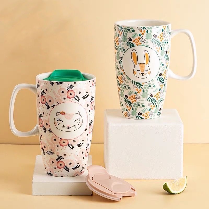Cute Cat And Rabbit Shaped Ceramic Cup With Large Office Lid 600ml ...