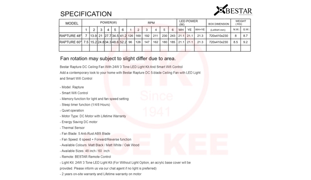 Bestar RAPTURE 48"/60" DC Ceiling Fan (Smart Control) | Shopee Singapore