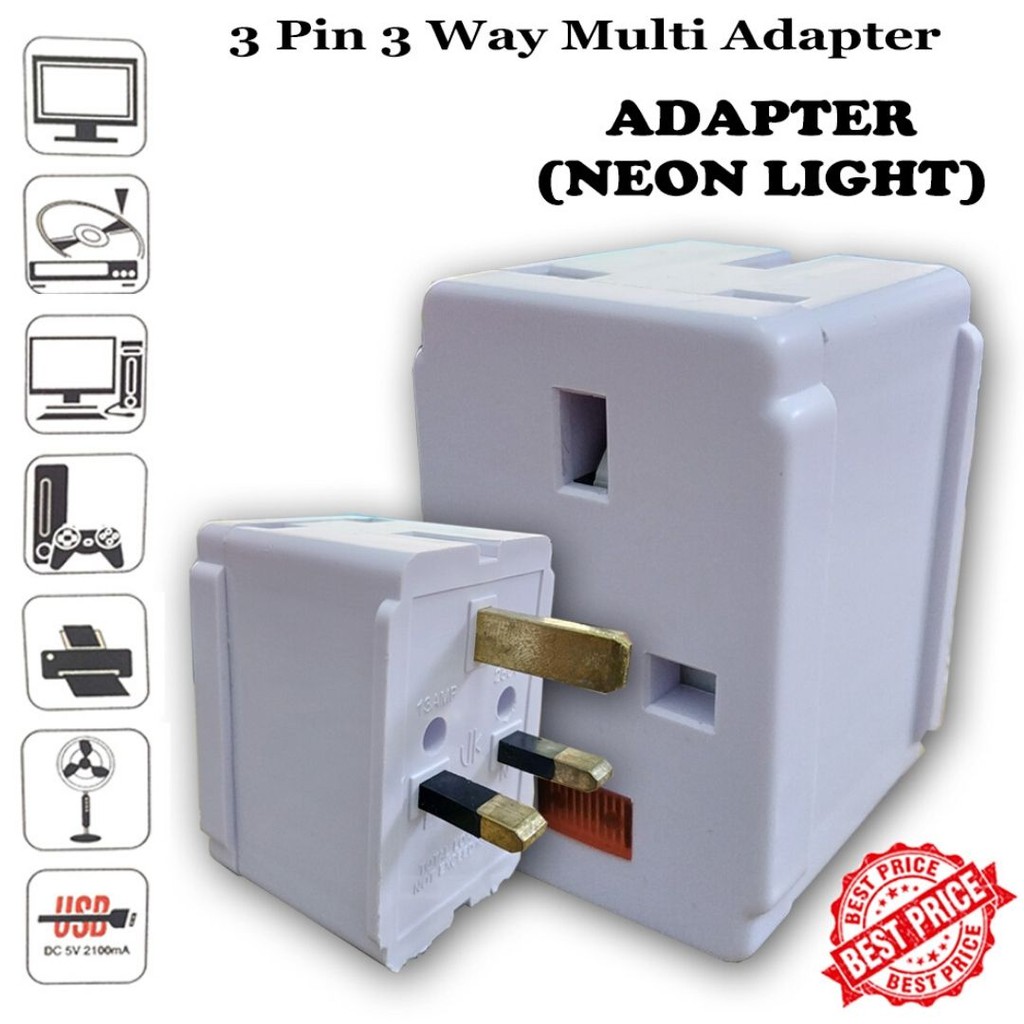 3 Pin 3 Way Multi Adapter (Adapter with Neon) | Shopee Singapore
