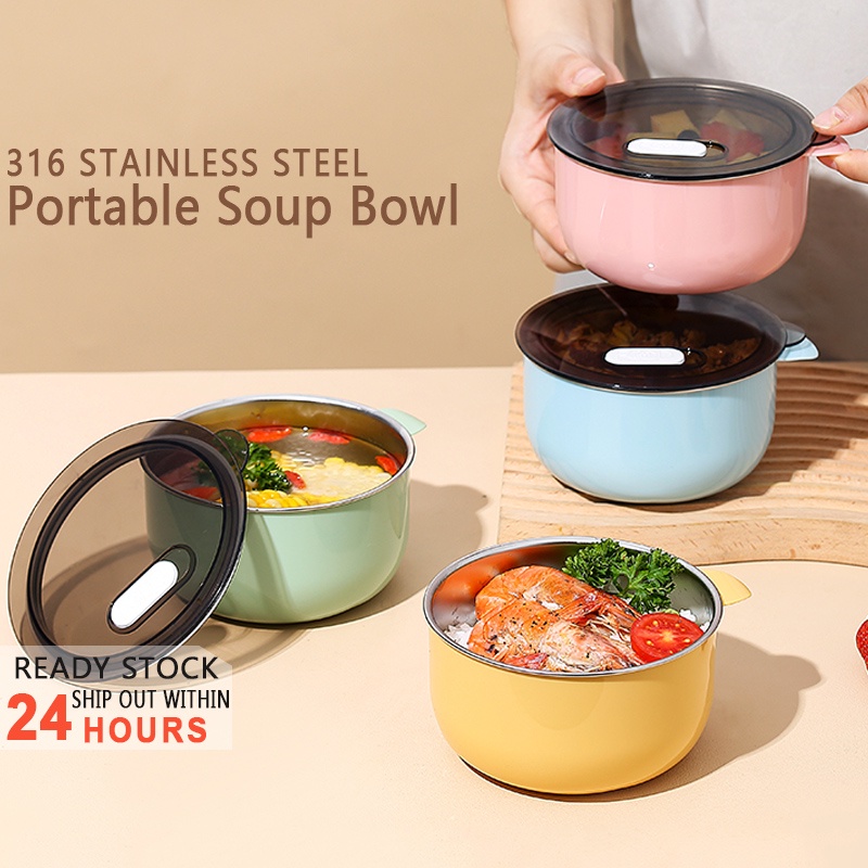 316 Stainless Steel Portable Soup Bowl With Cover Rice Bowl | Shopee ...