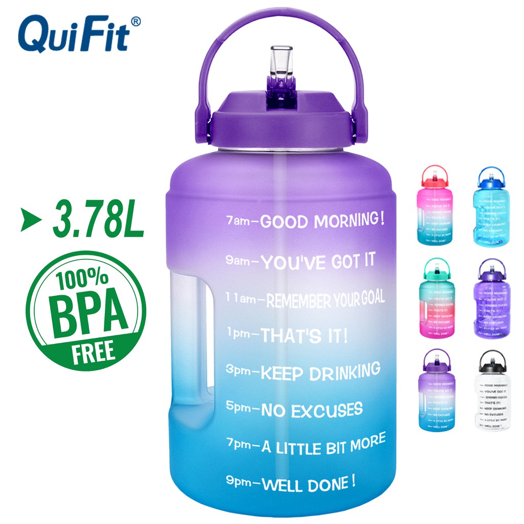 QuiFit 3.78L Water Bottle Motivational Time Marker with Straw BPA Free ...