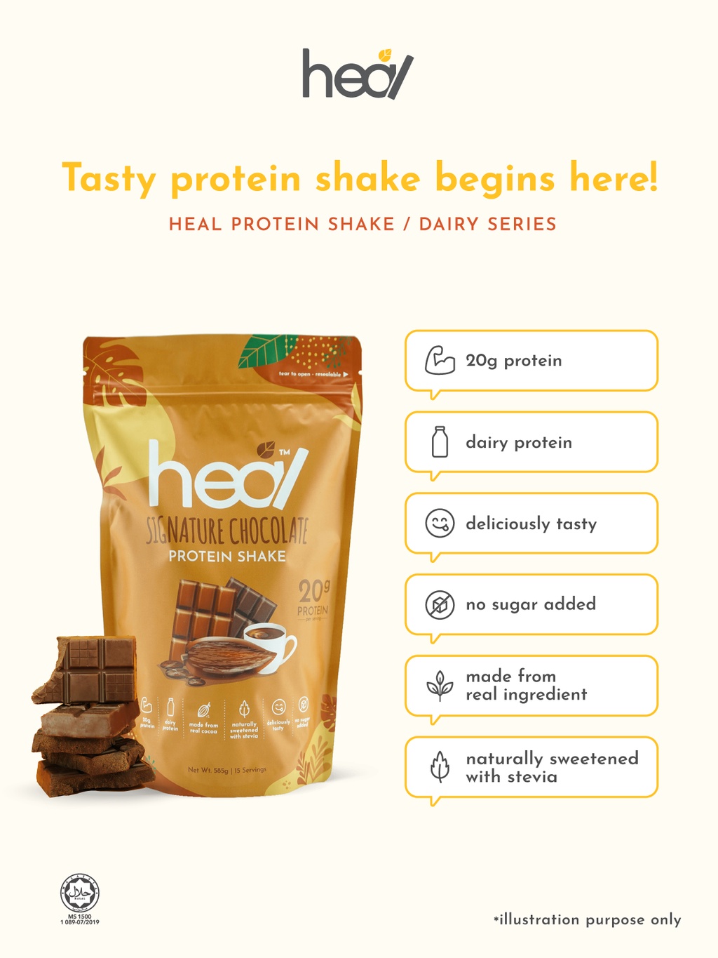 Heal Signature Chocolate Whey Protein Powder (585g - 15 Servings) | Dairy-Based, Muscle Gain ...