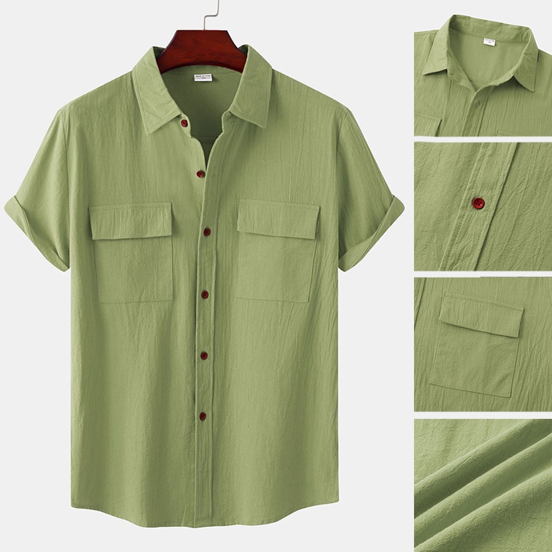 Men Linen Square Collar Button Up Plain Shirt with Two Pockets Casual ...