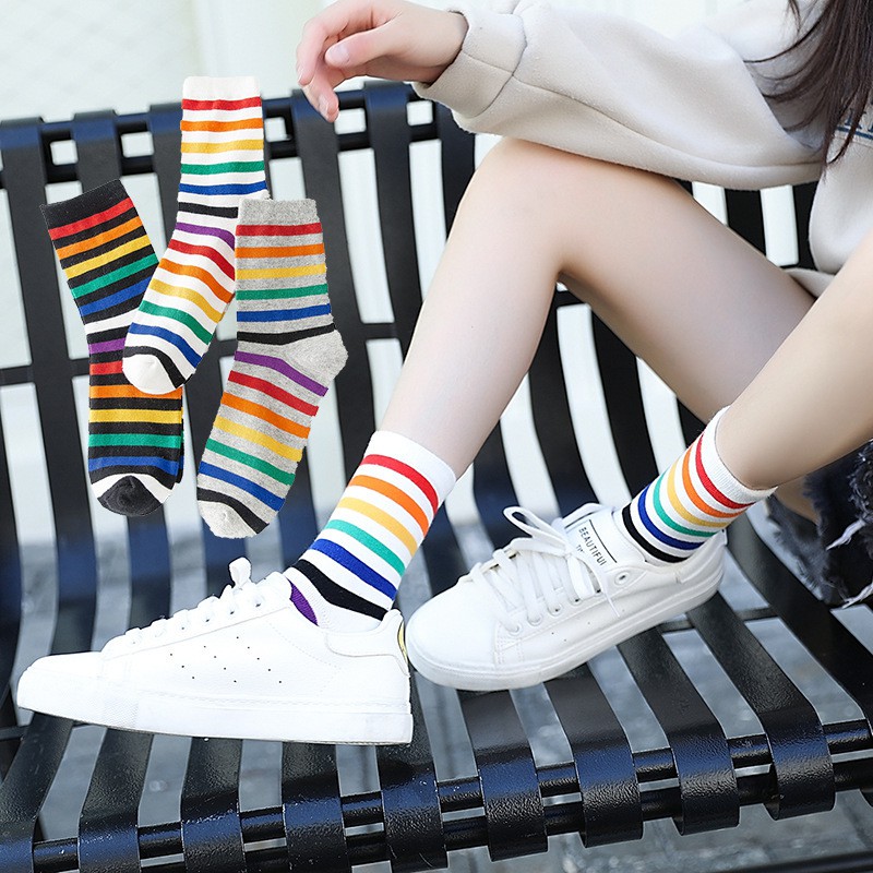 2019 new women socks 1 pair long cotton rainbow color striped printed ...
