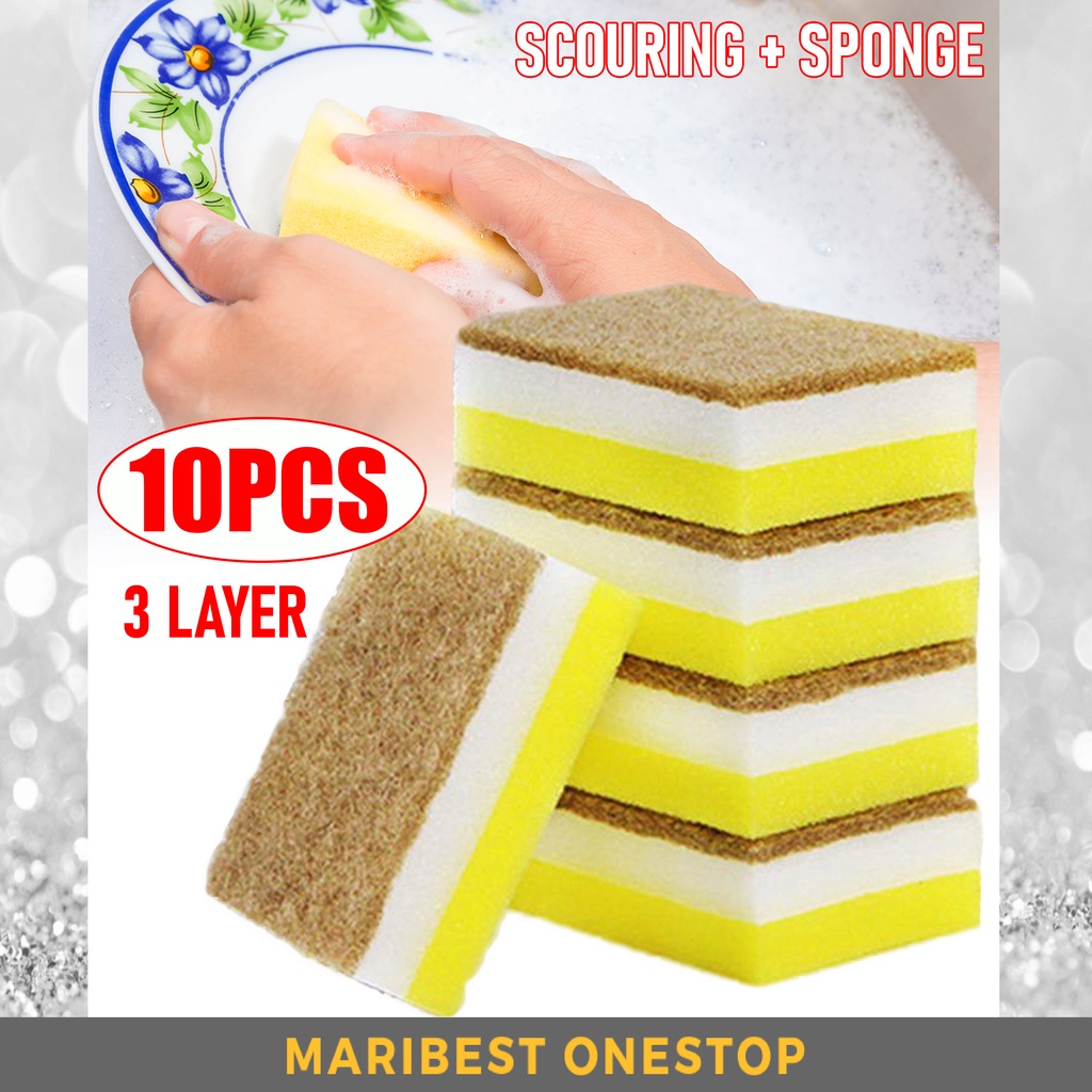 10 PCS DISHWASH SPONGE 3 Layer Sponge Scouring Pads Pot Stain Removal Sponge Cuci Pinggan ...