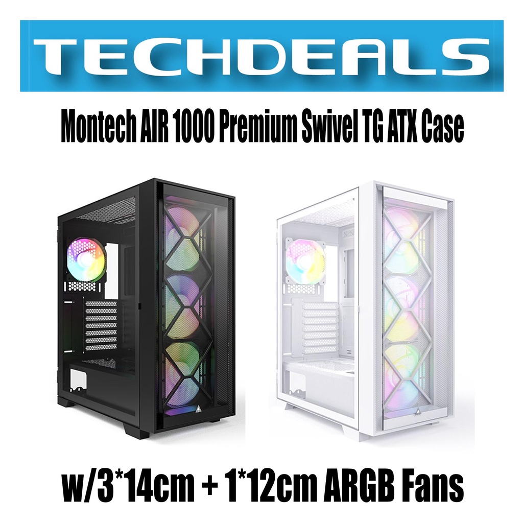 Montech AIR 1000 Premium Swivel Tempered Glass ATX Case w/3*14cm + 1 ...