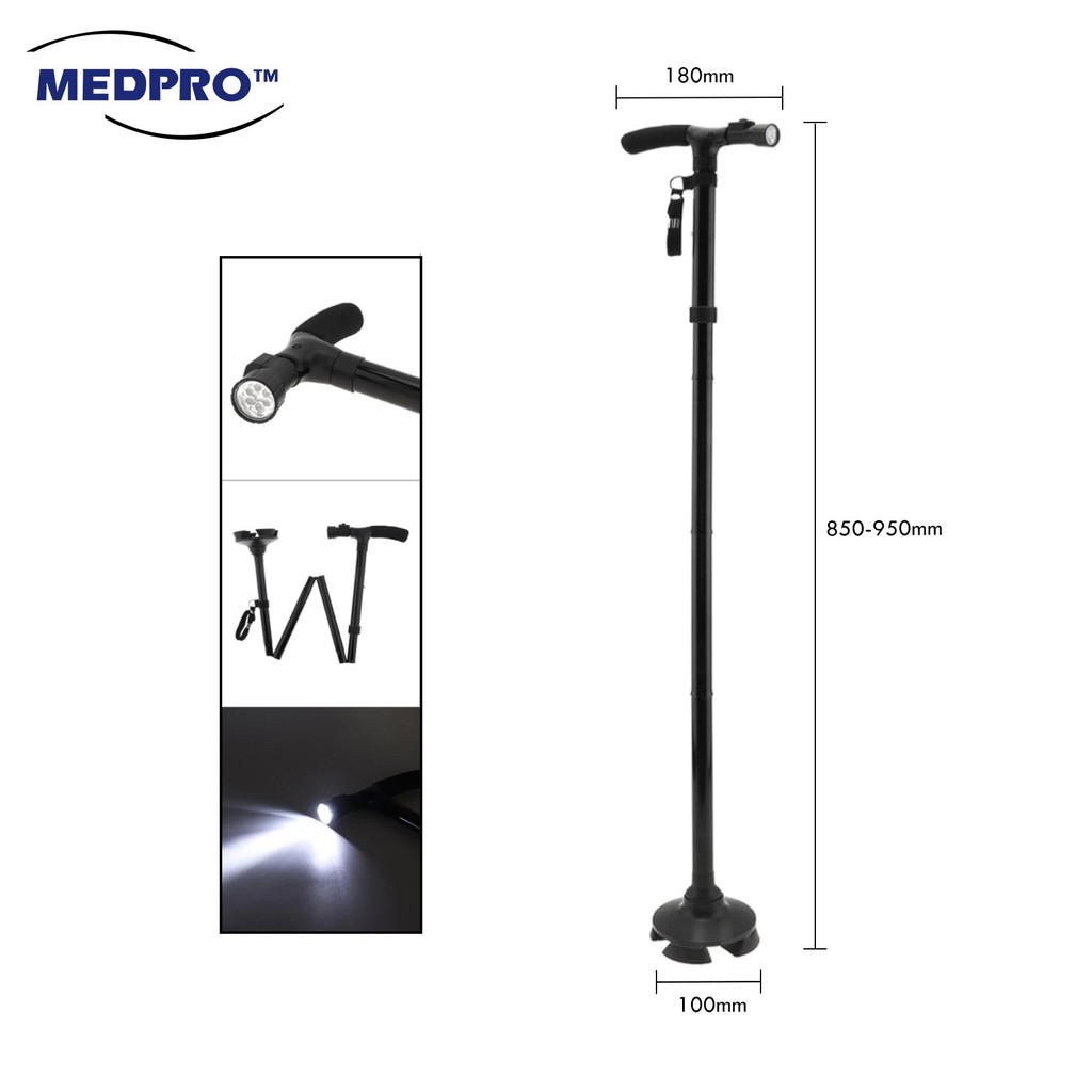 Foldable Trusty Cane with LED Light & Adjustable Height Medpro Medical ...