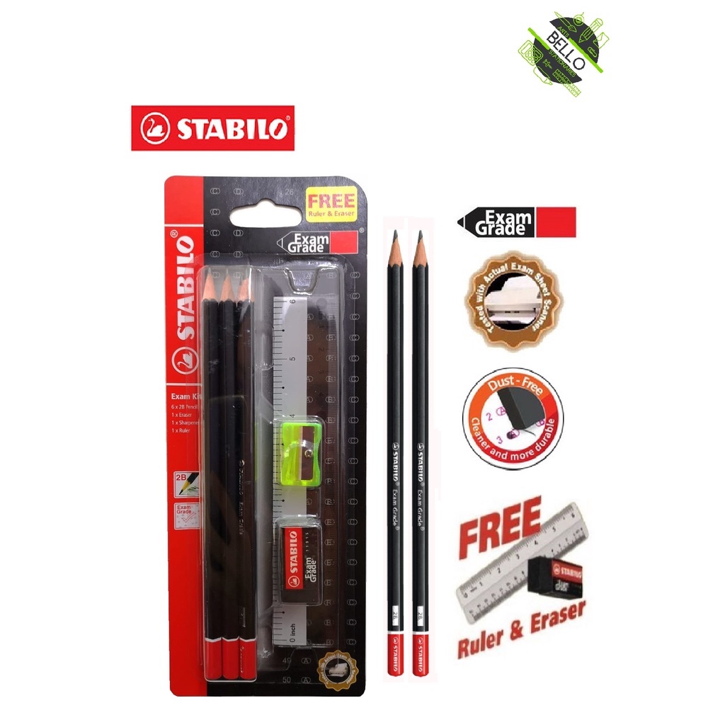 Stabilo Exam Grade 2B Pencil Exam Kit Set Free Ruler & Eraser | Shopee ...