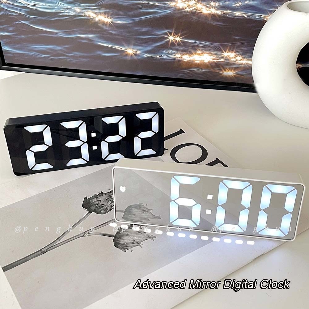 Japanese simple black and white mirror LED digital clock sound control ...