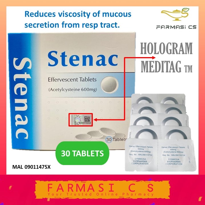 Stenac Effervescent Tablets Acetylcysteine 600mg 30 tablets EXP:10/2026 ...