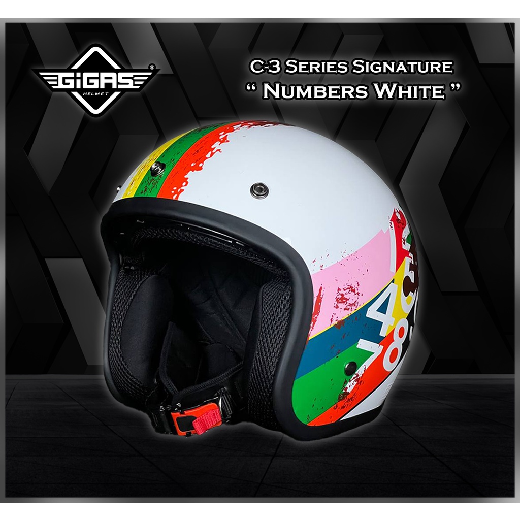 Sni Motorcycle Helmet RETRO GIGAS SERIES SIGNATURE NUMBERS WHITE GLOSSY ...