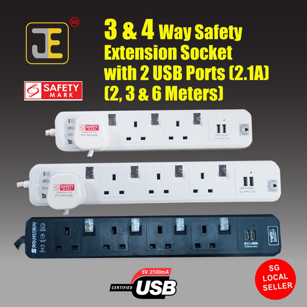 3 & 4 Way Safety Extension Socket with 2 USB (2.1A) | Shopee Singapore