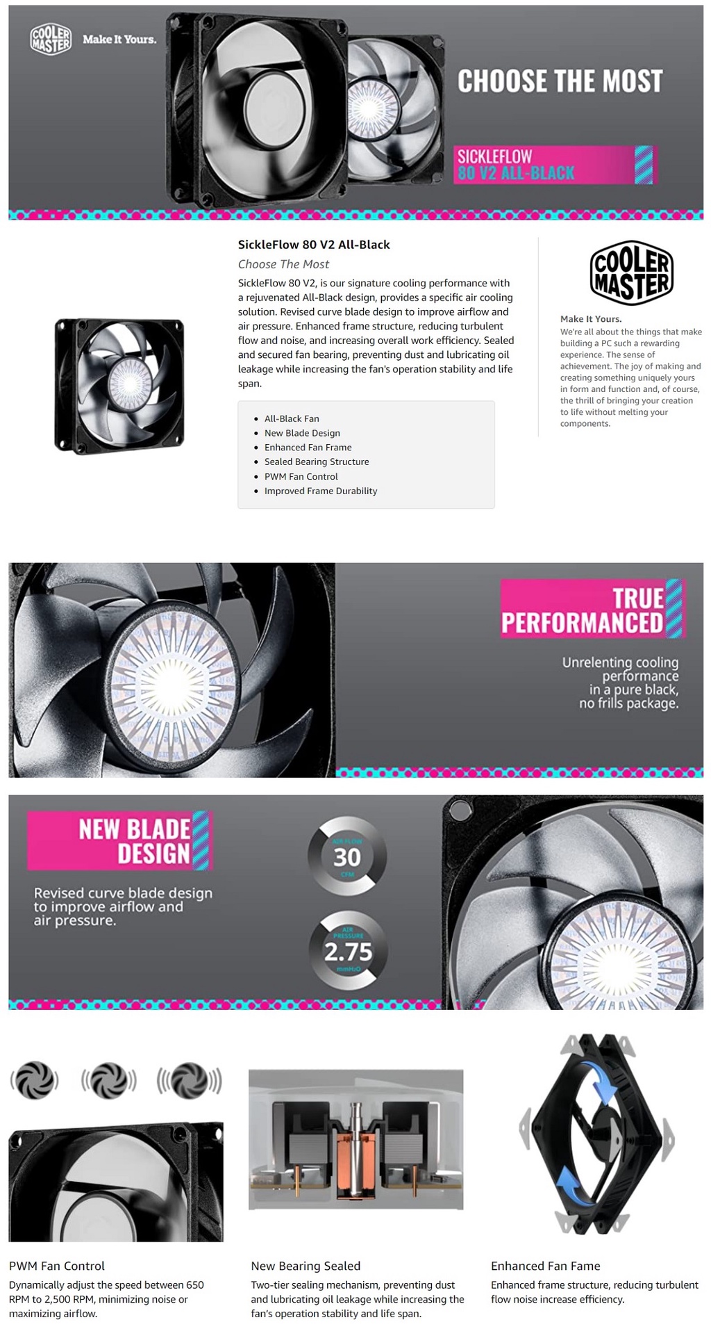 Cooler Master SickleFlow 80 Case Fan, 2500 RPM,30 CFM, 7-blade Design ...