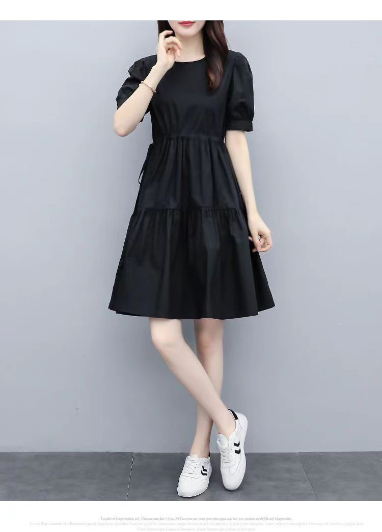 Mandice Korean dress women's preppy waist drawstring thin mid-length ...