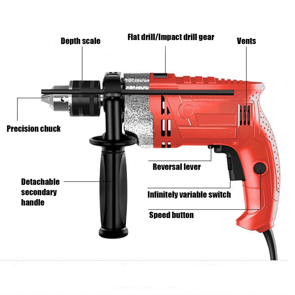 3000RPM Electric Handheld Impact Drill 220V Flat Drill Guns Hand Drills ...