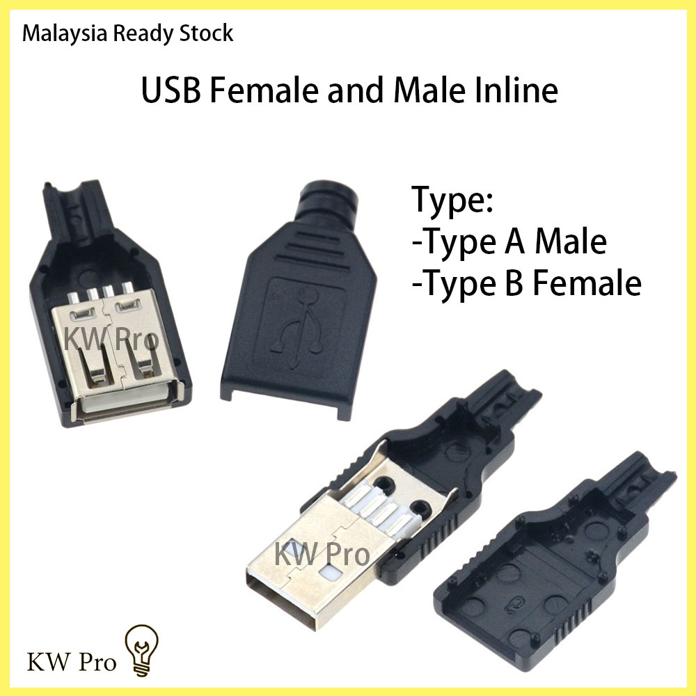 USB Type A Female/Male Socket Solder Jacks Connector PCB Type 4Pin with Black Plastic Cover Type ...