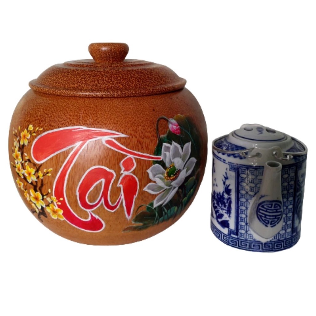 Beautiful Compact Coconut Wood Teapot with Painted Tai Cage Pattern and ...