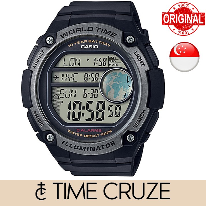 [Time Cruze] Casio AE-3000W Quartz Digital World Time Big Black Resin Men Watch AE-3000W-1AVDF ...
