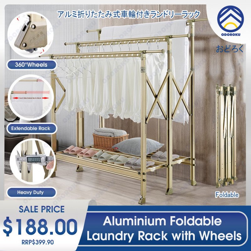 ODOROKU Aluminum Foldable Laundry Rack with Wheels Telescopic Rack ...