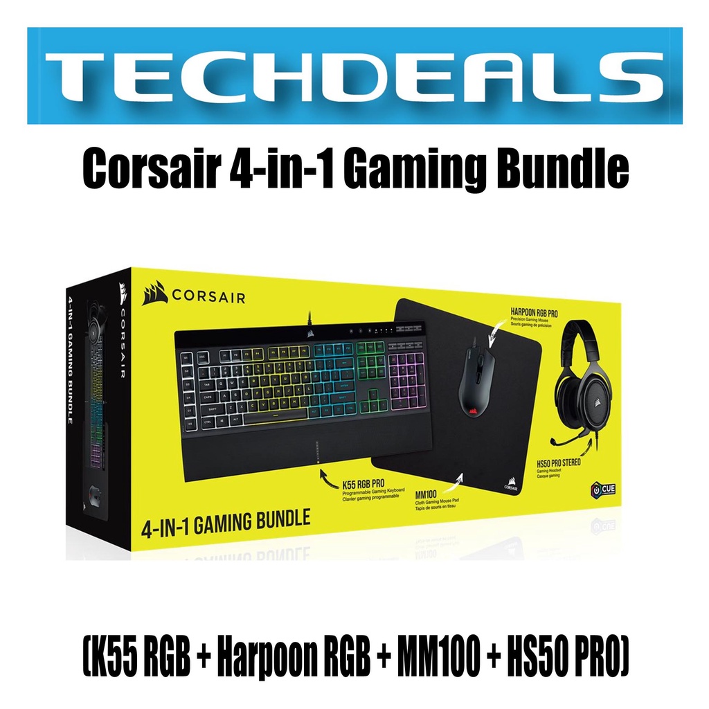 Corsair 4-in-1 Gaming Bundle (K55 RGB + Harpoon RGB + MM100 + HS50 PRO ...